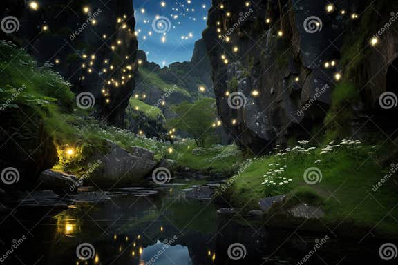 A Stream with Fireflies in the Sky Stock Illustration - Illustration of ...