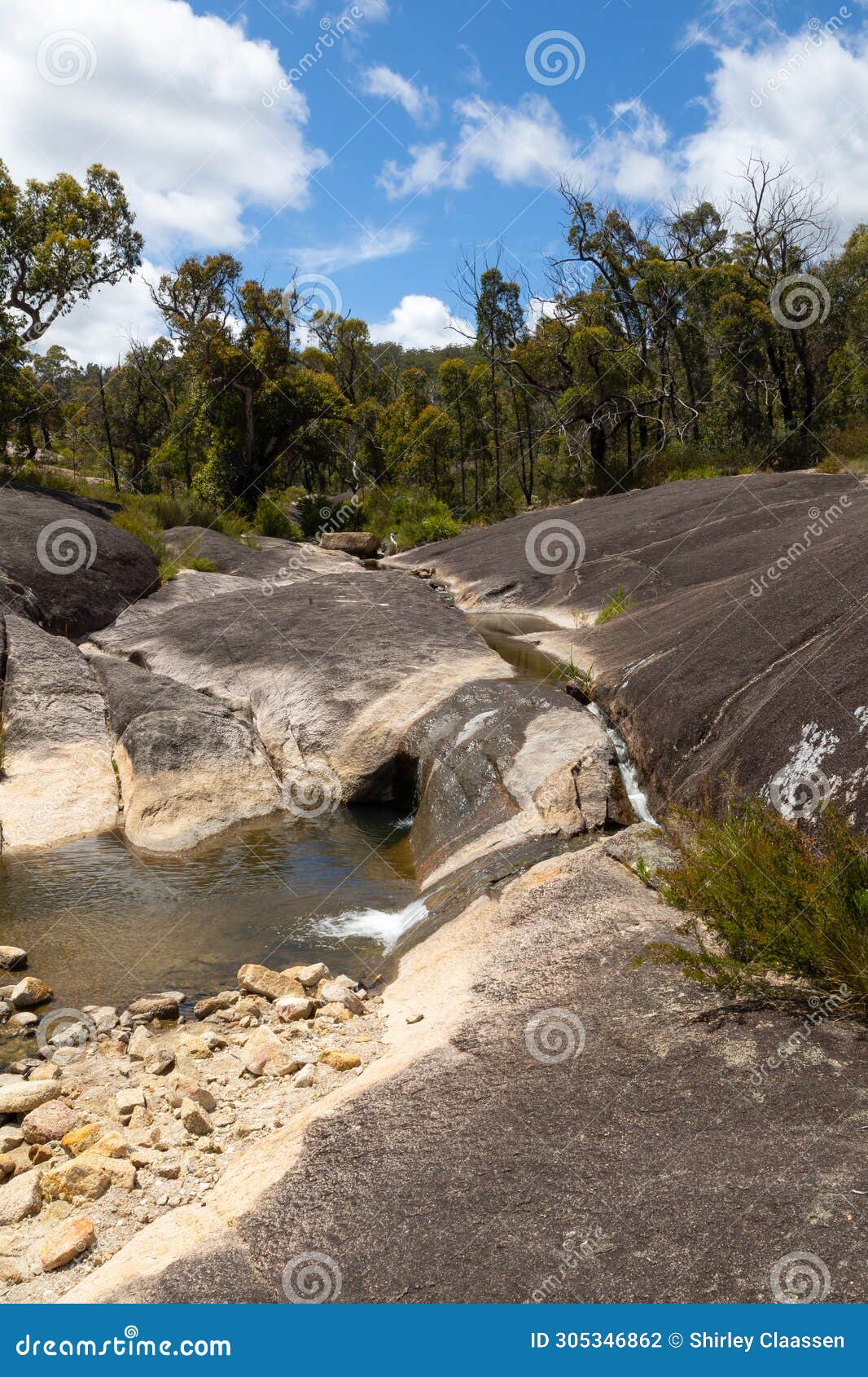 A Stream Flowing Over a Granite Rock Formation with Trees, Sky and ...