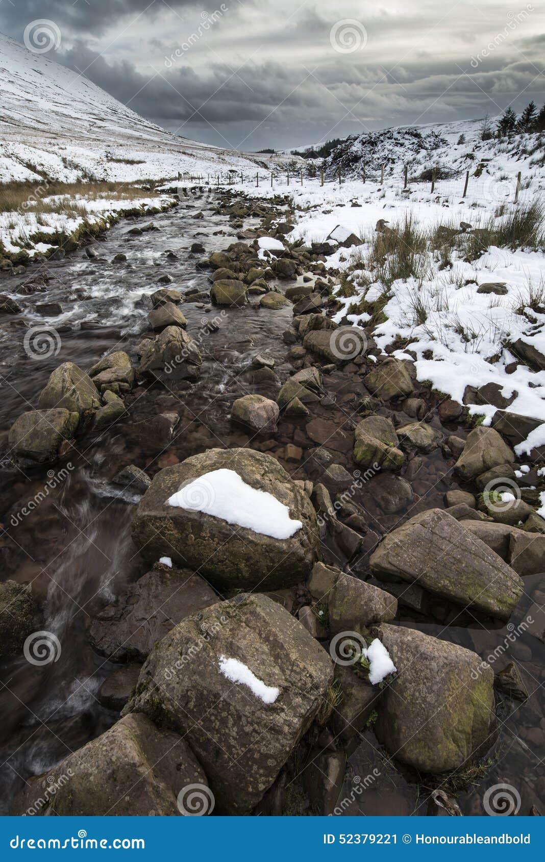 Stream Flowing through Snow Covered Winter Landscape in Mountain Stock ...