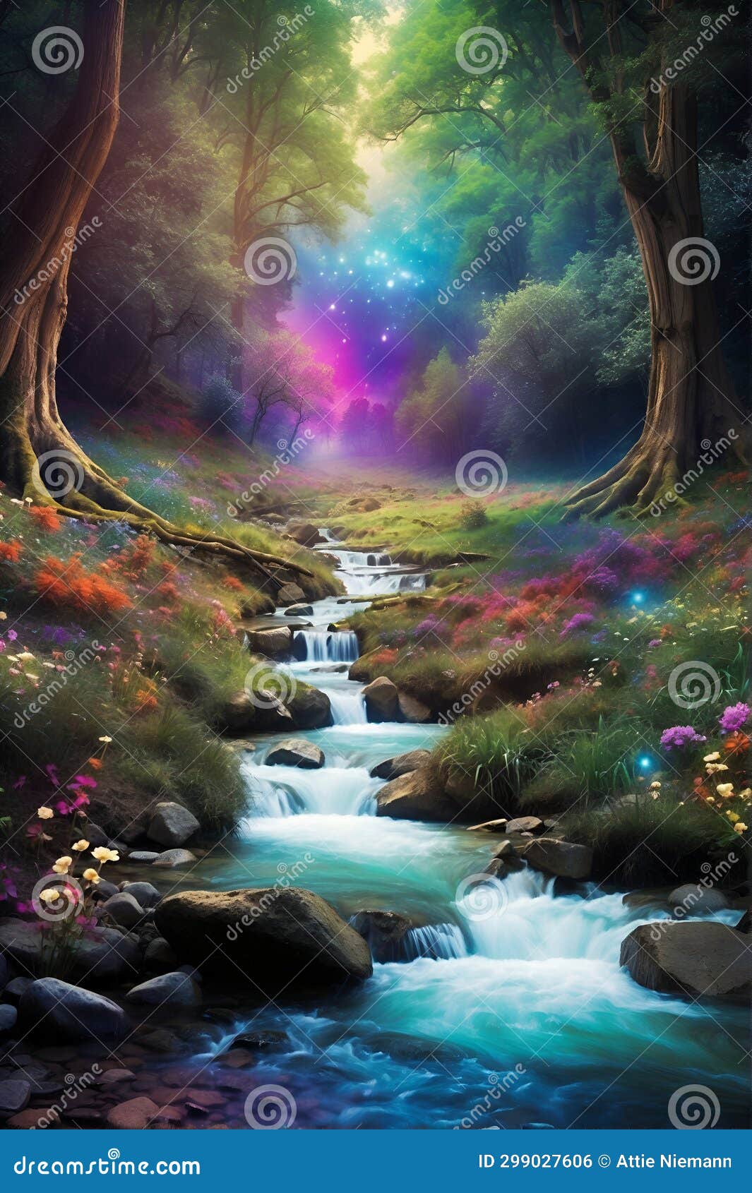 A Stream Flows through an Enchanted Forest. Fantasy Landscape Stock ...