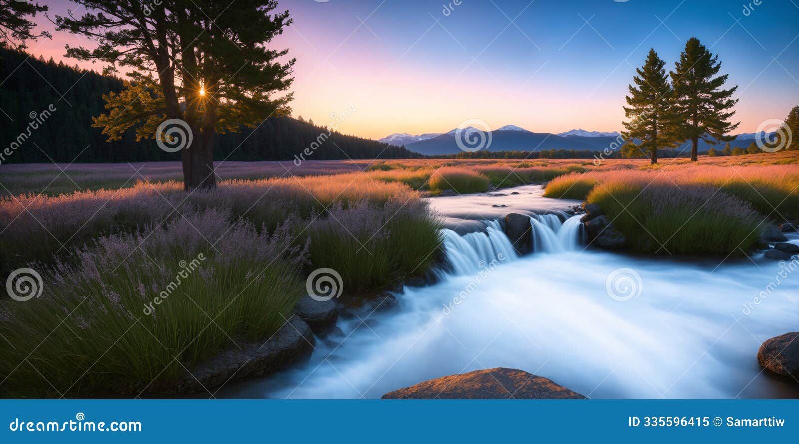 A Stream Flows Like a Small Waterfall, Flowing through a Flower Field in the Evening Stock ...