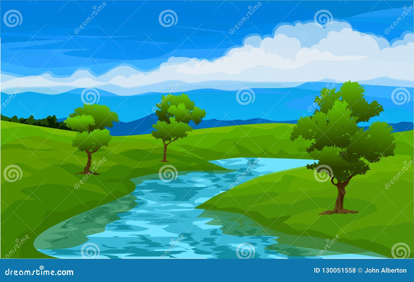 Stream in green field stock illustration. Illustration of dusk - 130051558