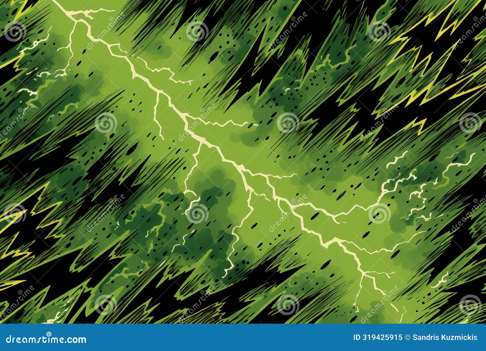 Stream of Green Lightning Strikes, Comic Book Pattern. Generative AI ...