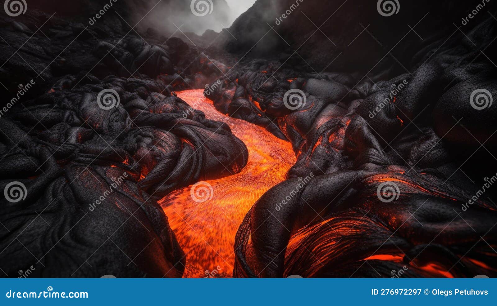 A Stream of Lava Flowing through a Lava Covered Mountain Side Stock ...