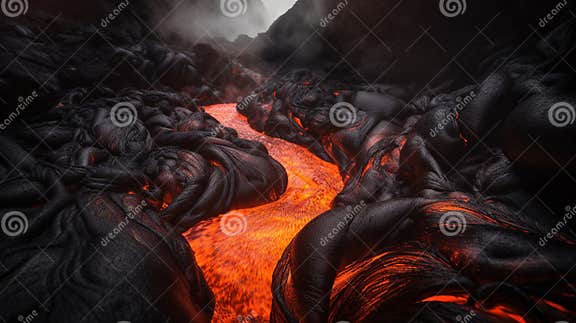 A Stream of Lava Flowing through a Lava Covered Mountain Side Stock ...