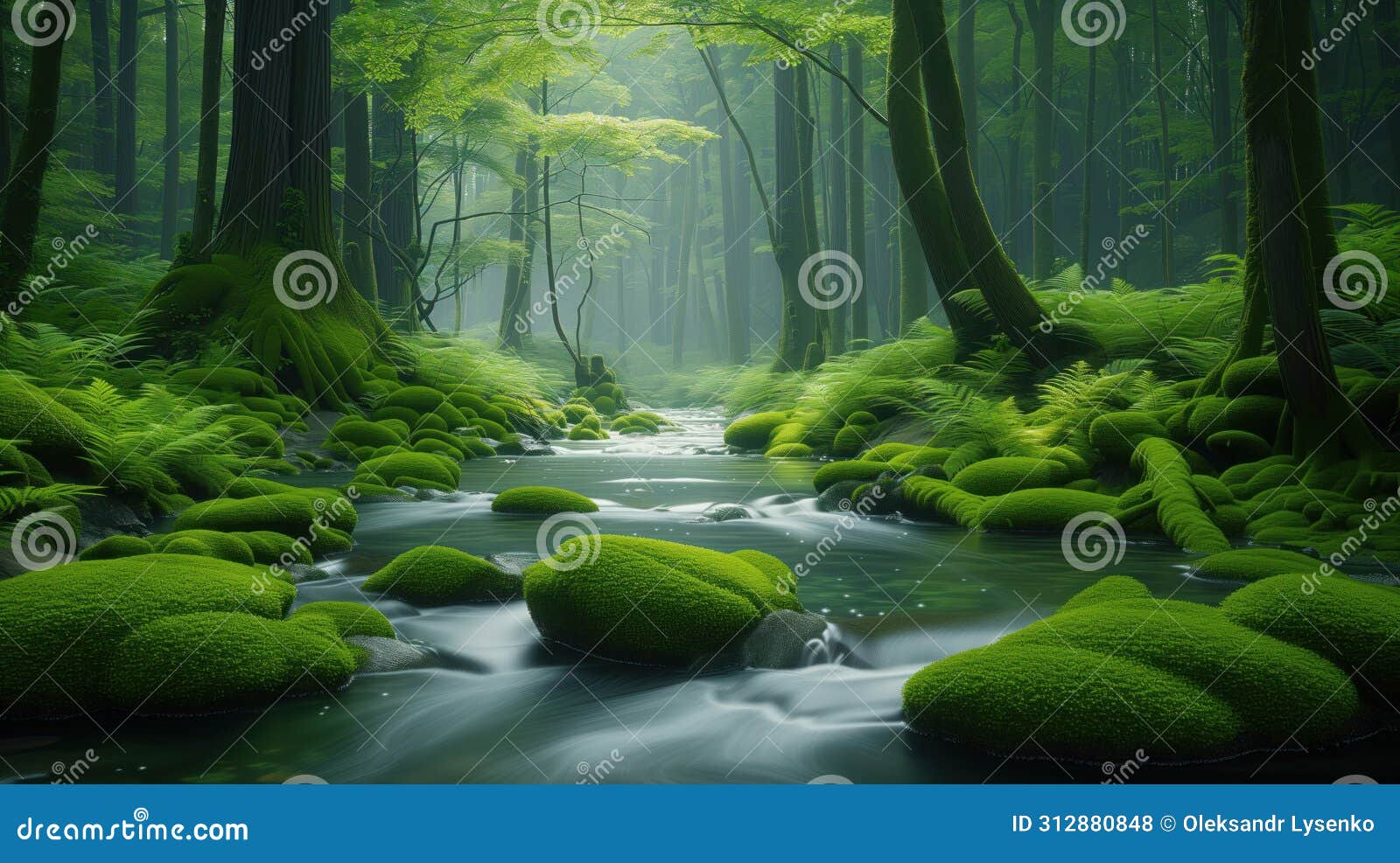 Stream with Moss Overgrown in a Green Forest Stock Illustration ...
