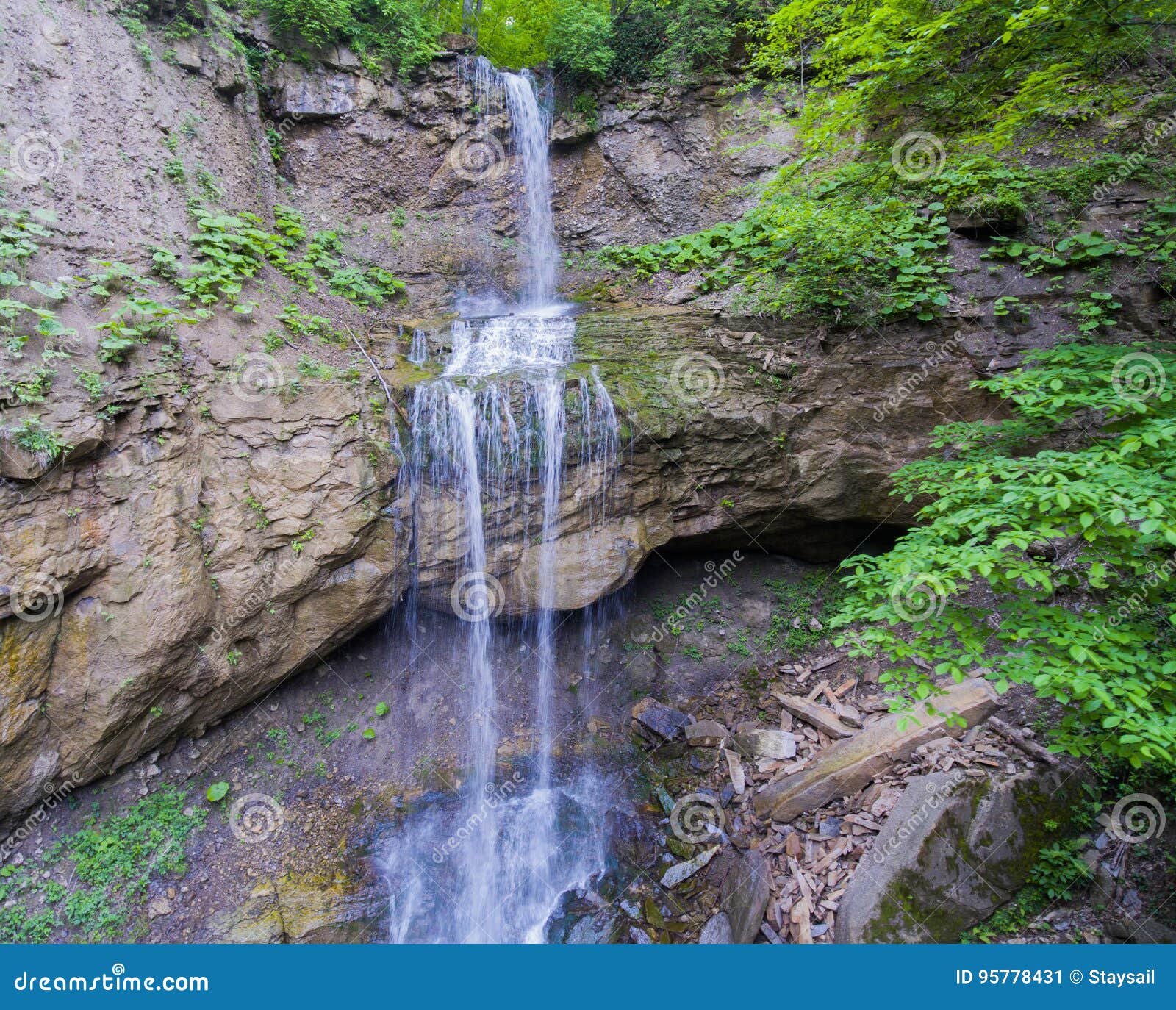 Stream Mountain Waterfall Cascading from the Cliff. Aerial View Stock ...