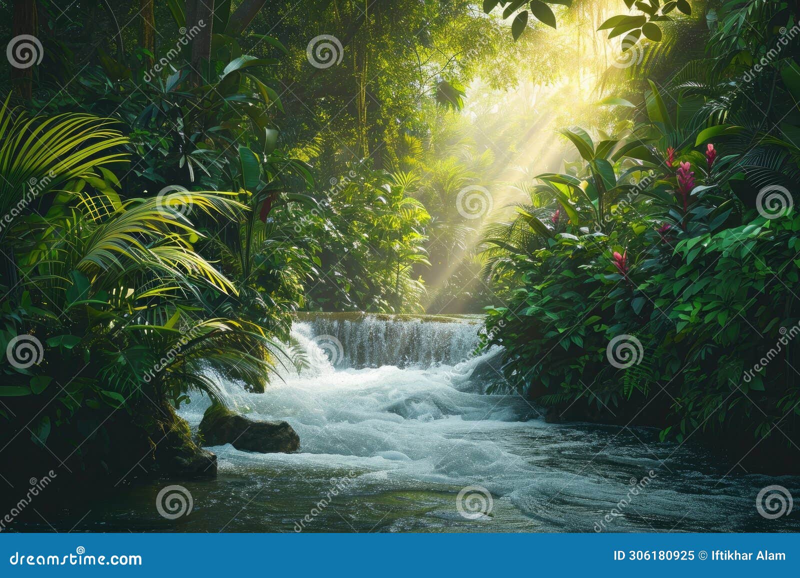 A Stream Peacefully Flows through a Dense and Vibrant Green Forest ...