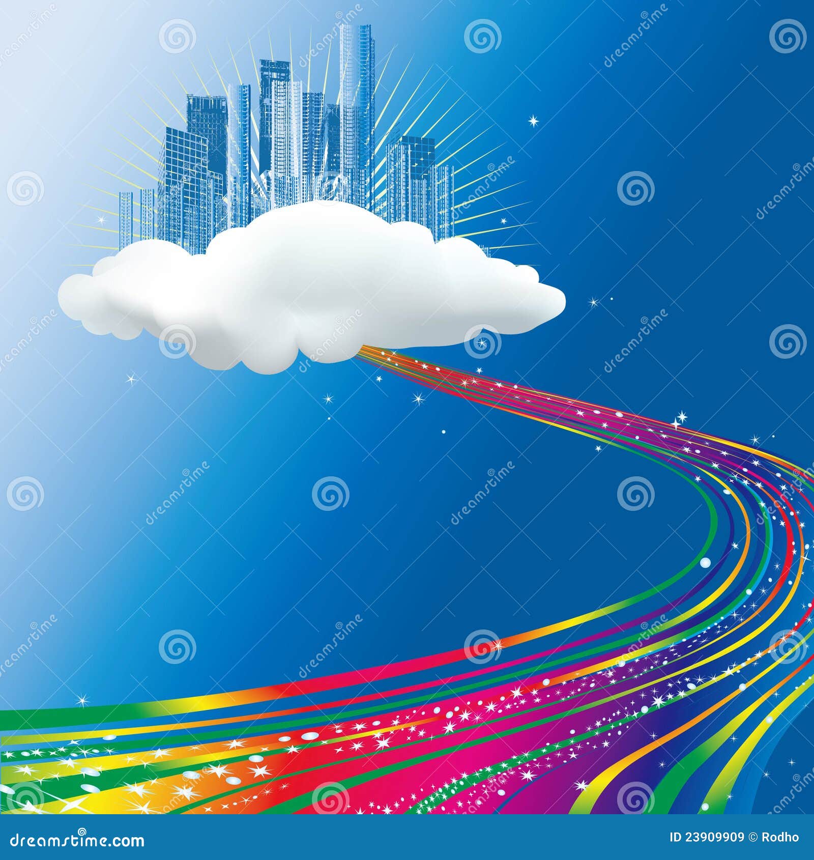 Stream of Rainbow Flowing To a City on Cloud Stock Illustration ...