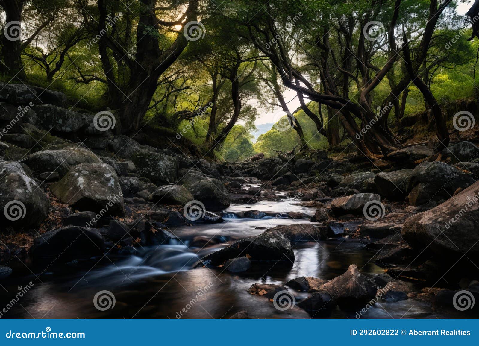 A Stream Running through a Forest with Rocks and Trees Stock ...