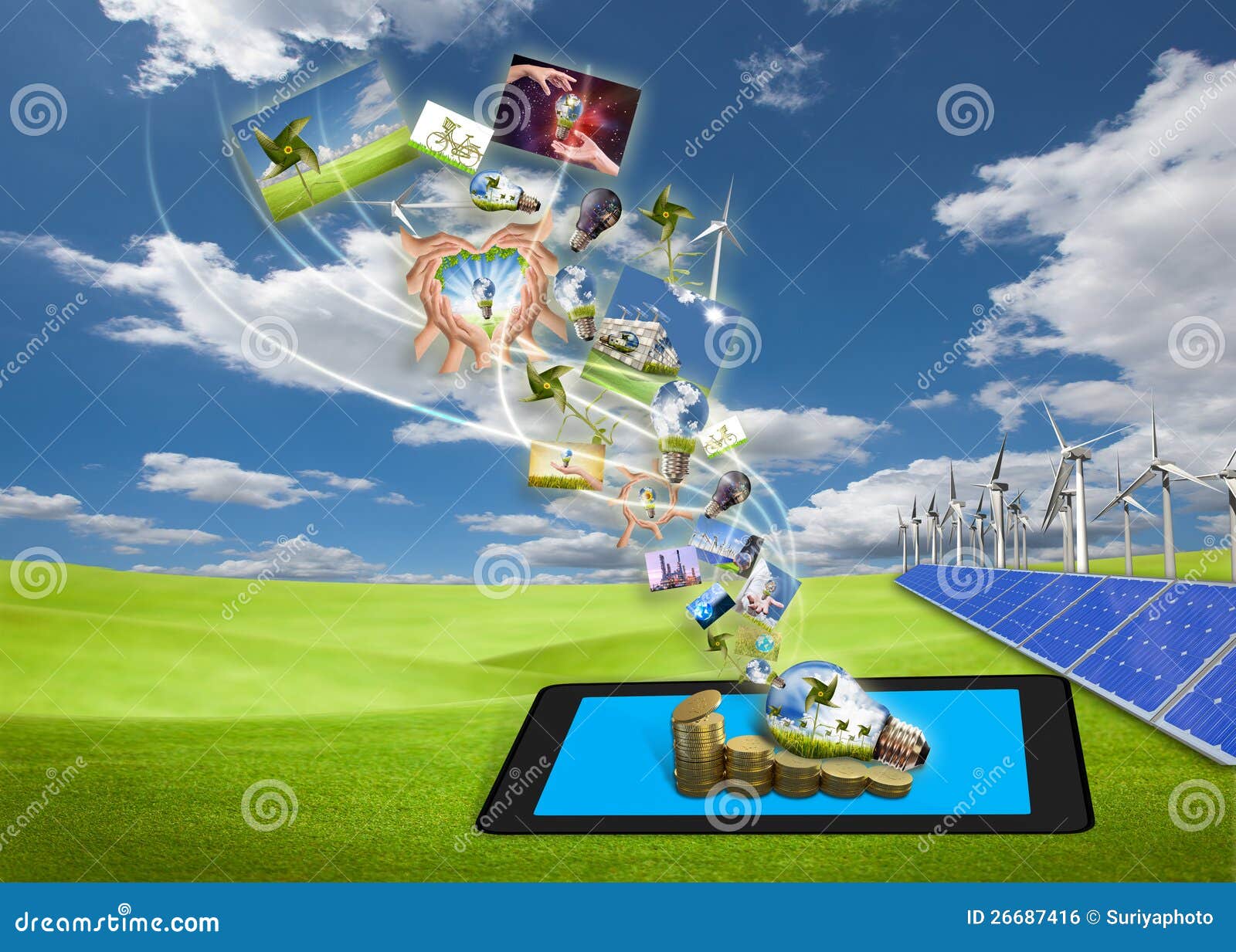 Stream of Saving Energy Images from Tablet Pc Stock Illustration ...