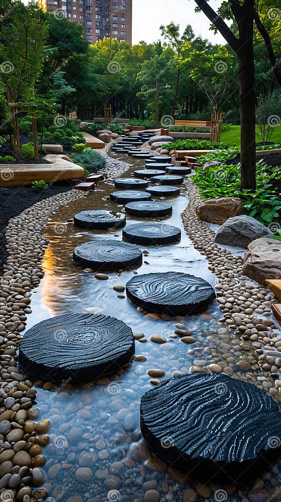 A Stream with Stone Steps and a Tree in the Background Stock Photo ...