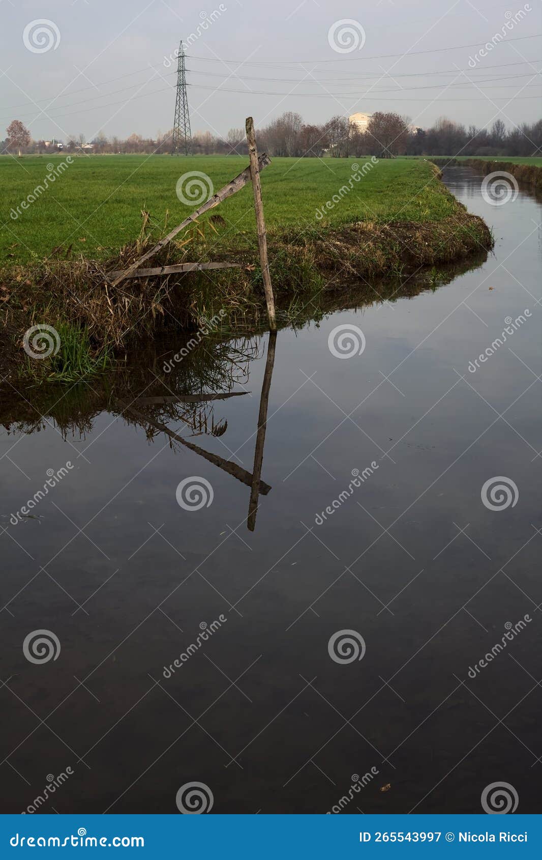 Stream of Water in the Countryside and a Mooring Pole by the Shore with ...