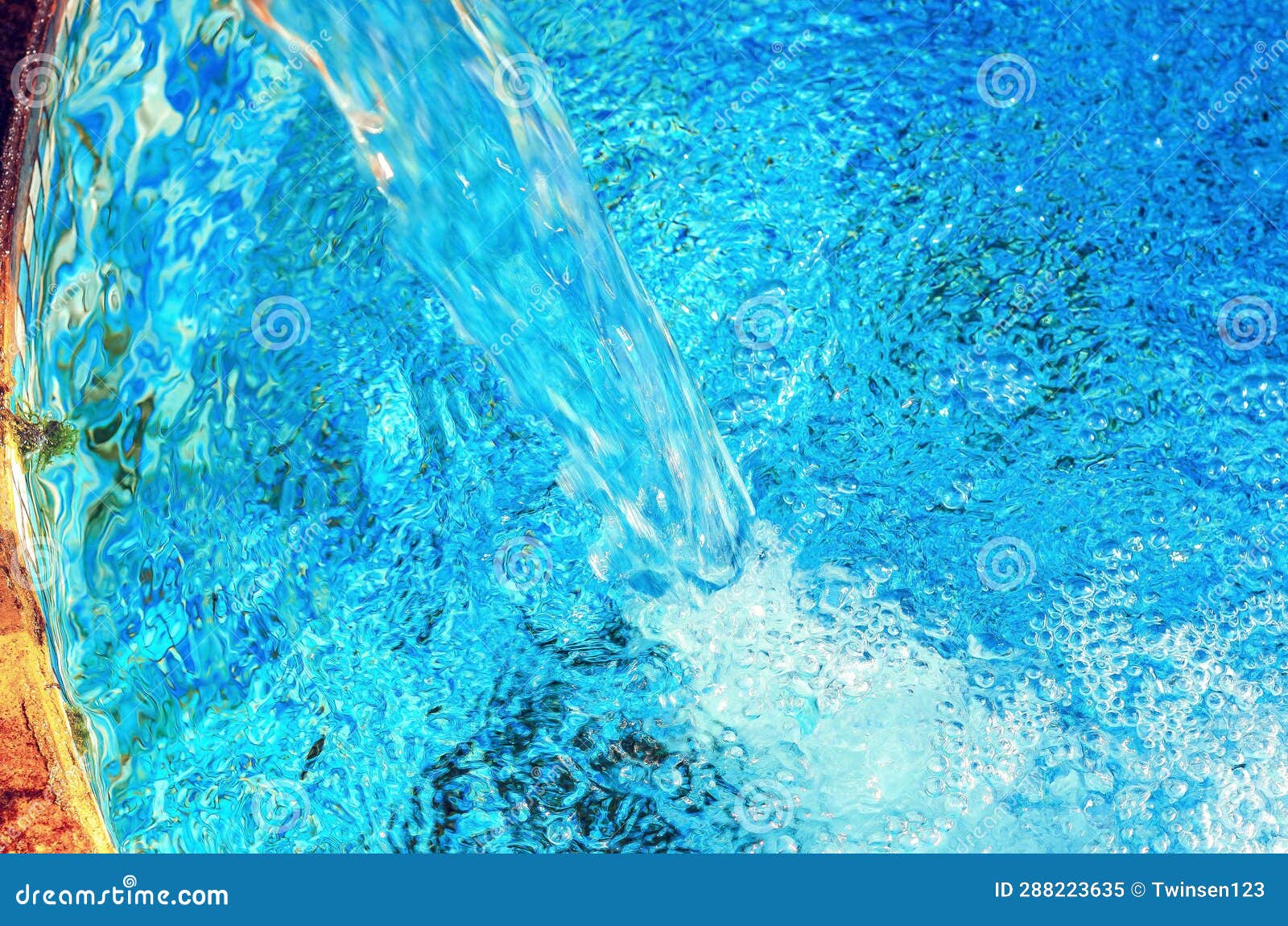 Stream of Water Flows into the Pool. Blue Water Stock Image - Image of ...