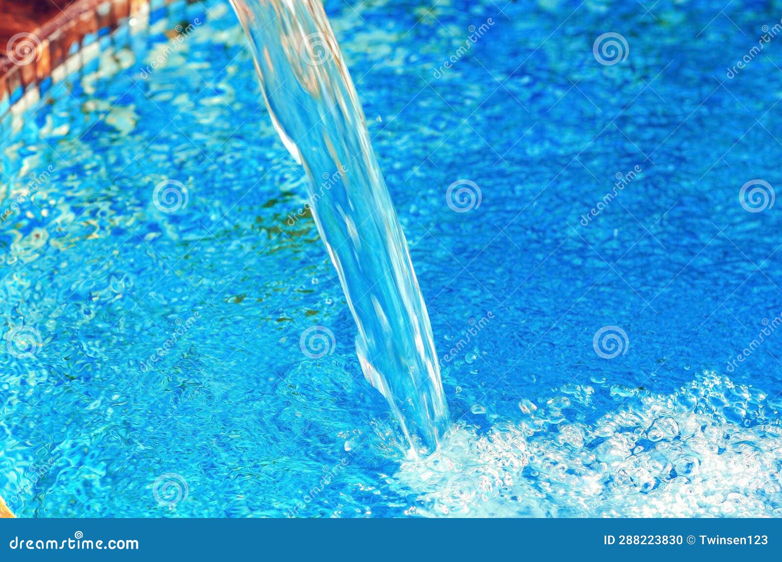 Stream of Water Flows into the Pool. Blue Water Stock Photo - Image of ...