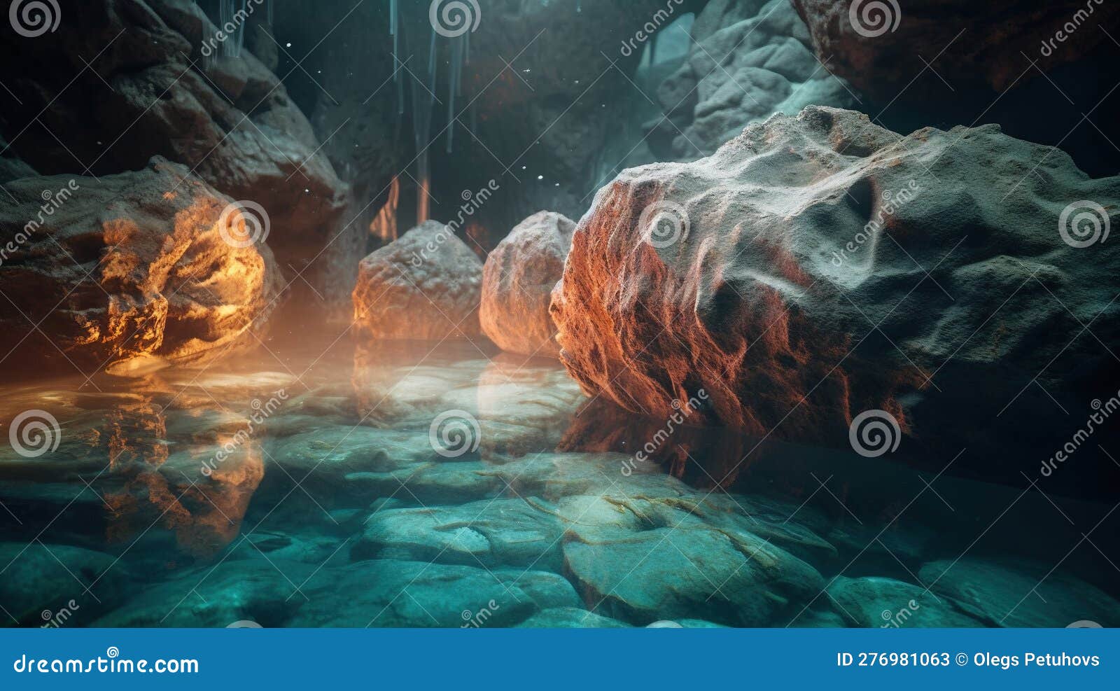A Stream of Water Running through a Cave Filled with Rocks Stock ...