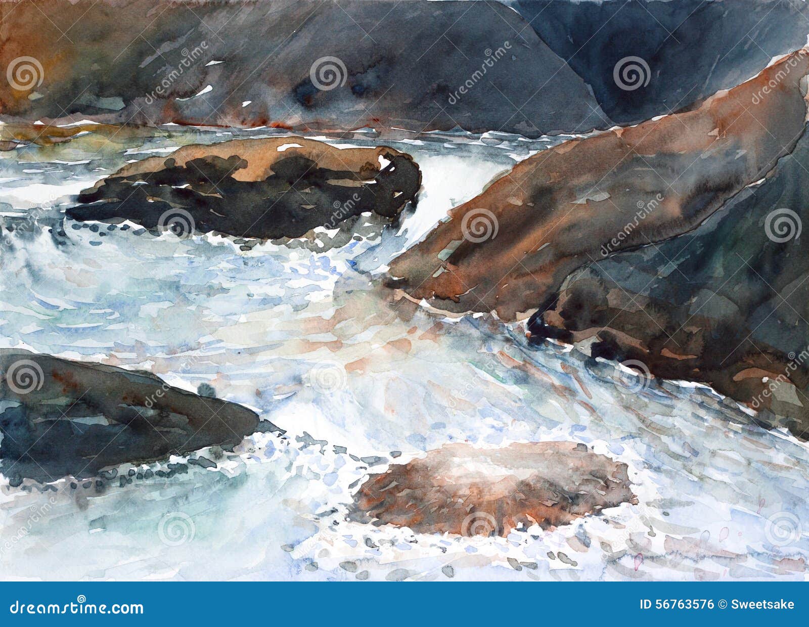 Stream Of Water, Waterfall, Flowing Water. Simple Line Drawing. Vector ...