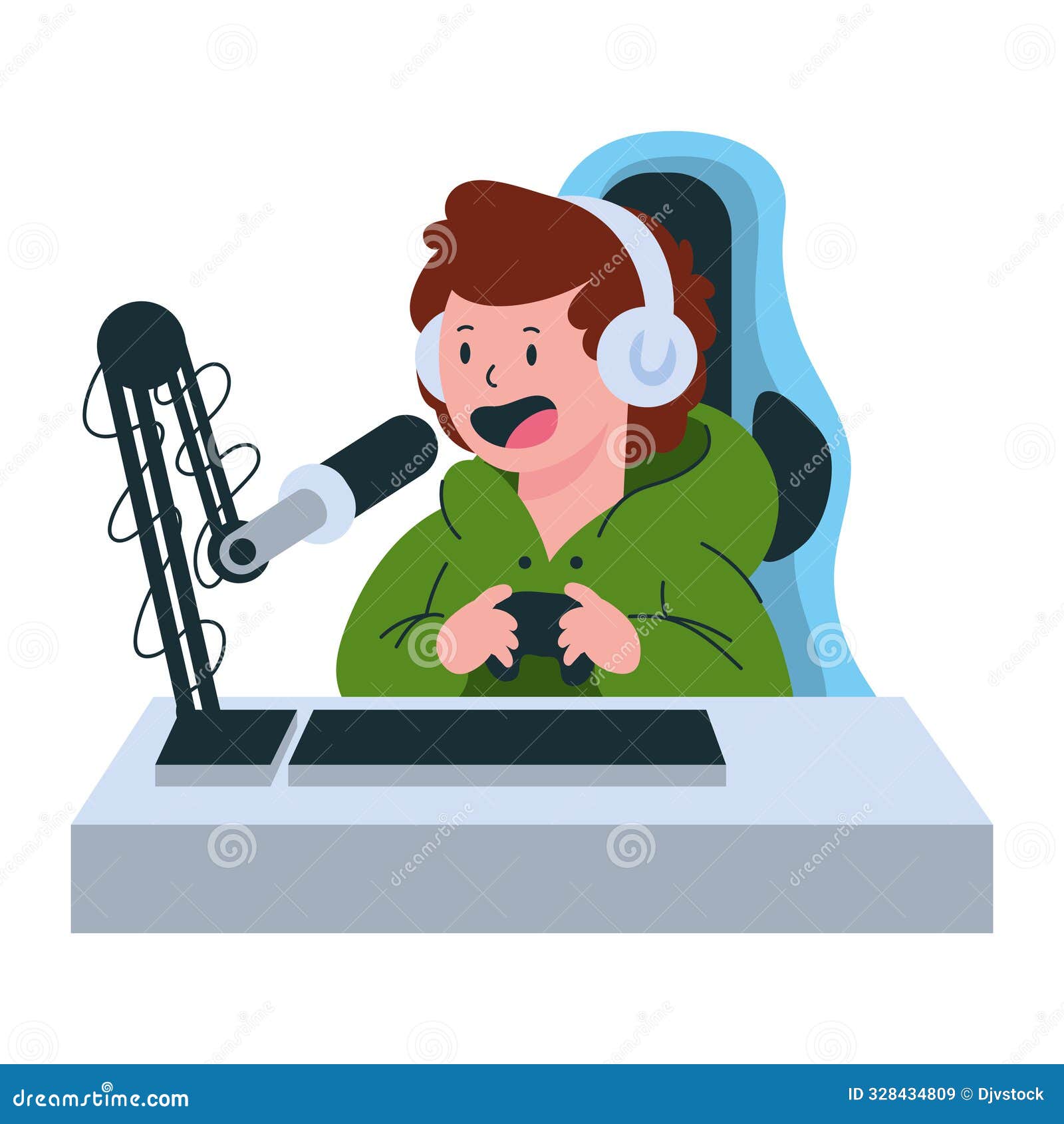 Streamer Guy Sits at Computer in Headphones Stock Illustration ...