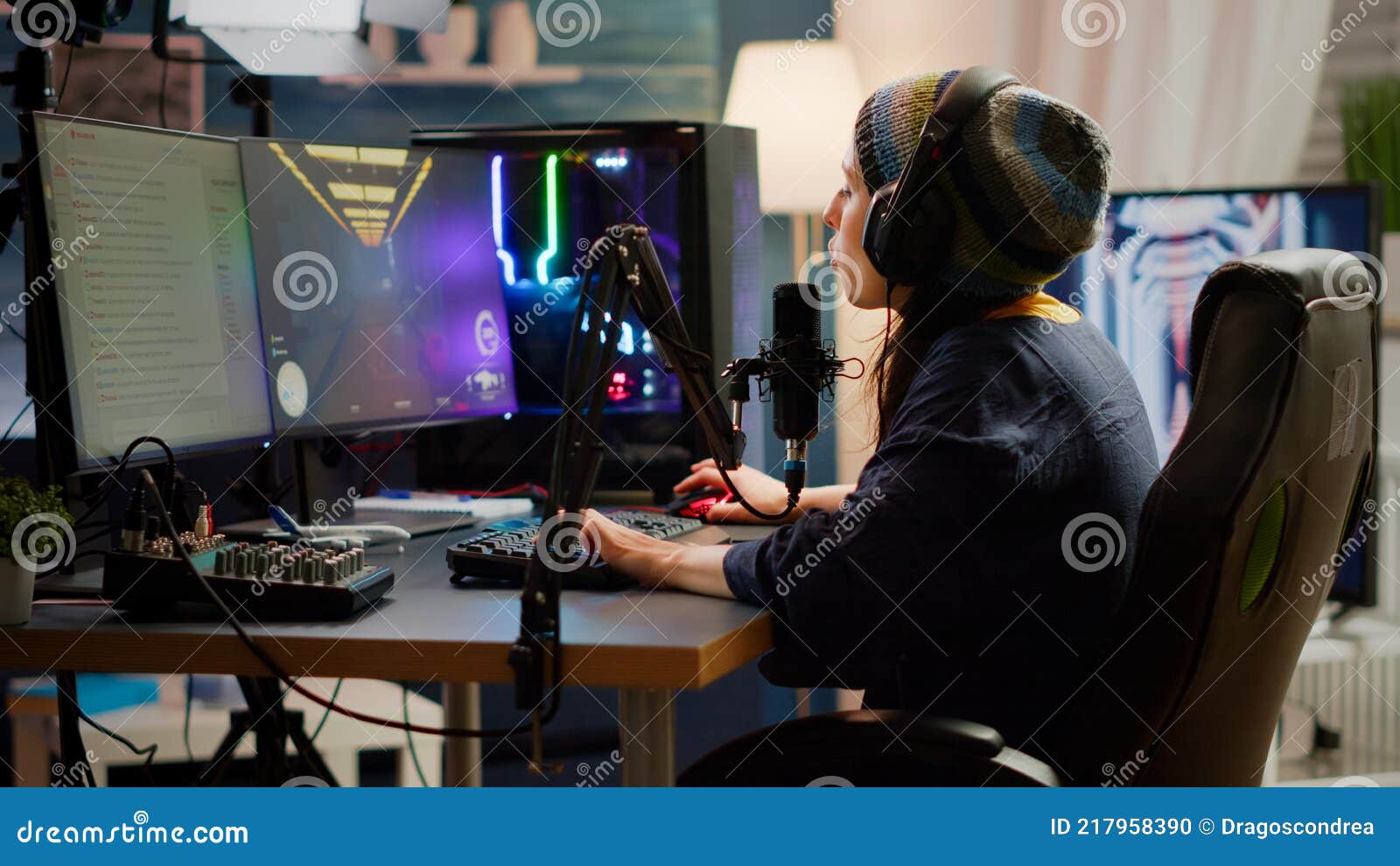 Streamer Putting on Headphone and Start Talking into Microphone Stock ...