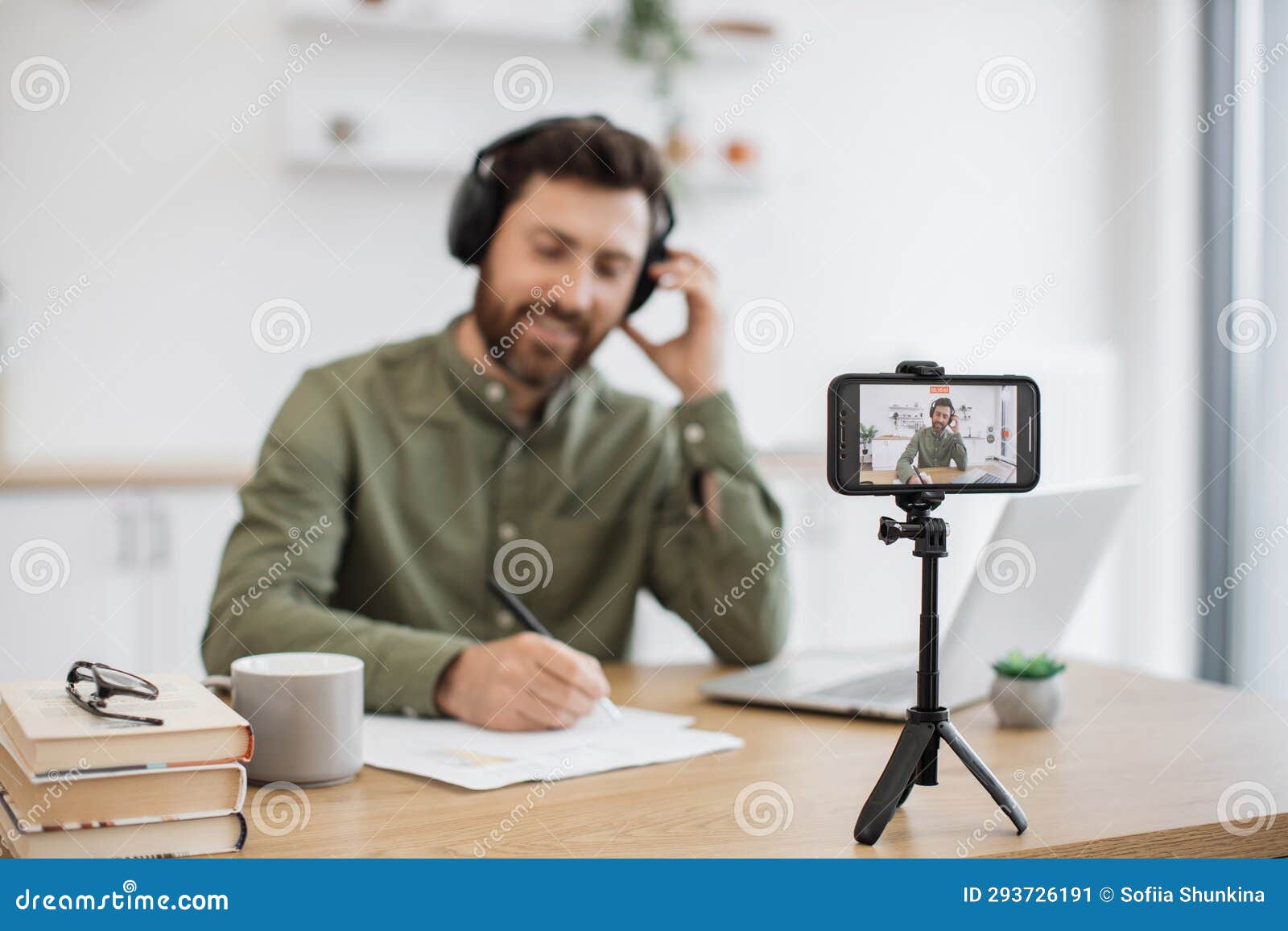 Streamer Using Devices and Making Notes at Home Office Stock Image ...