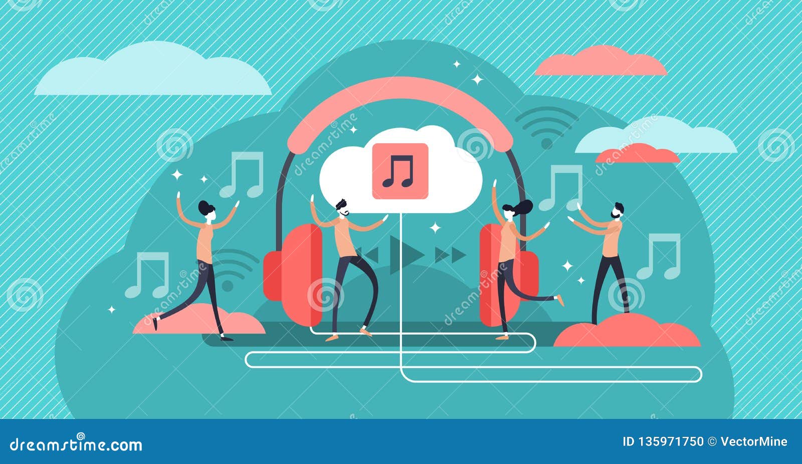 Streaming Music Vector Illustration. Tiny Persons Concept with ...