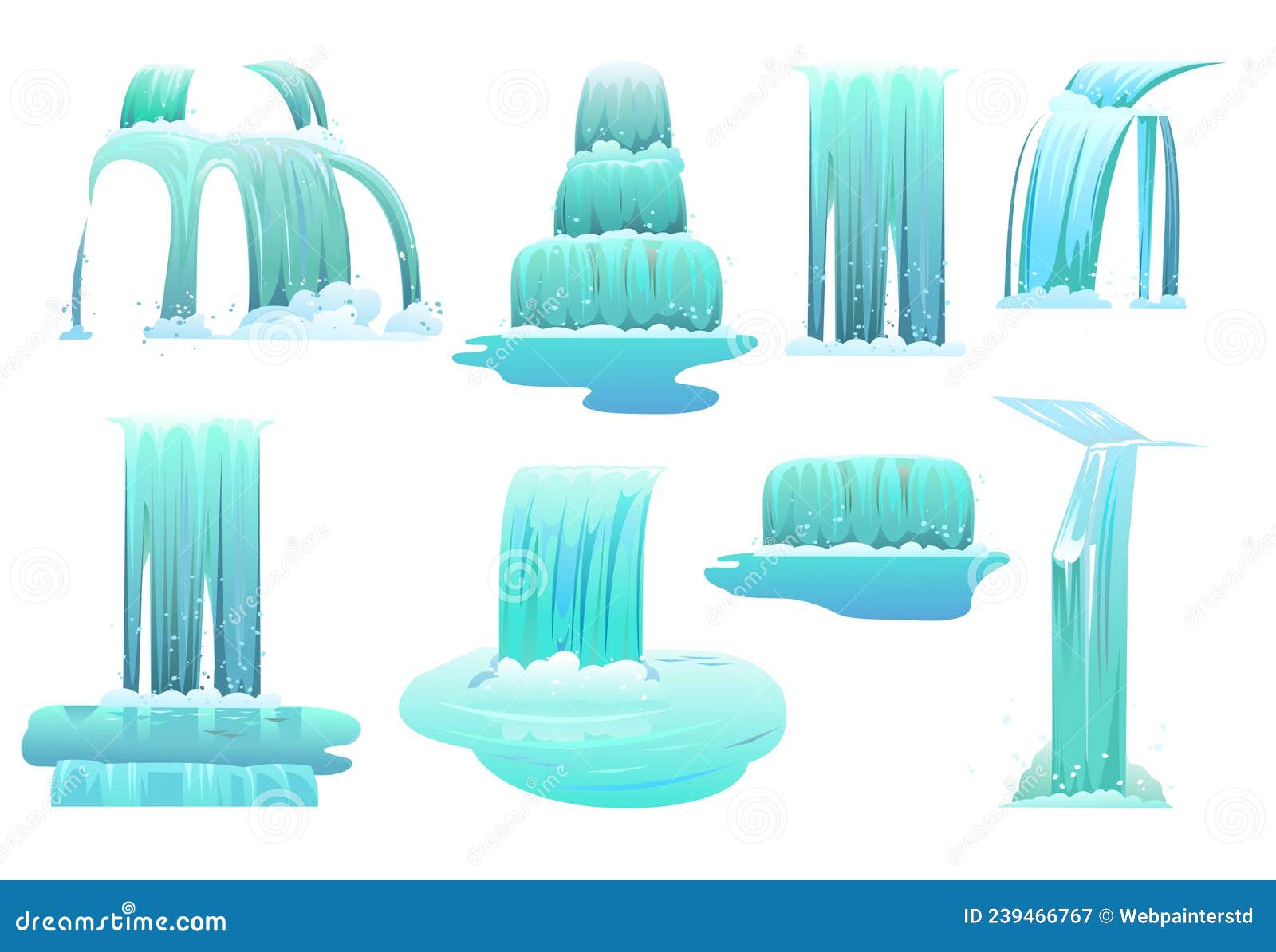 Streaming Waterfall Water. Set Of Cascades Shimmer Down. Fast Stream ...