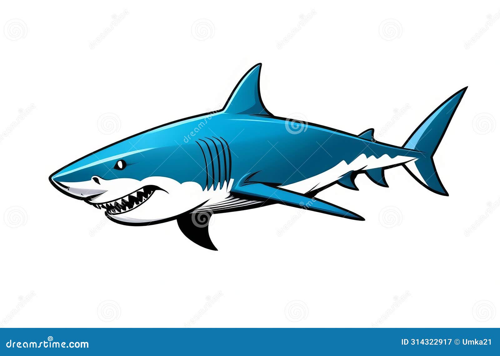 A Streamlined Cartoon Shark with a Cunning Smile, Isolated on a White ...