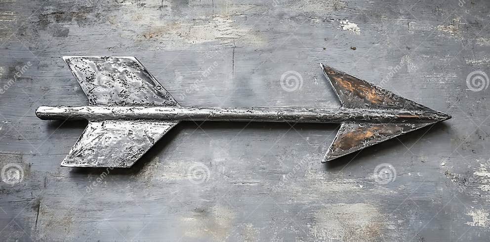 A Streamlined Metal Arrow Facing Left on a Textured Surface, Indicating ...
