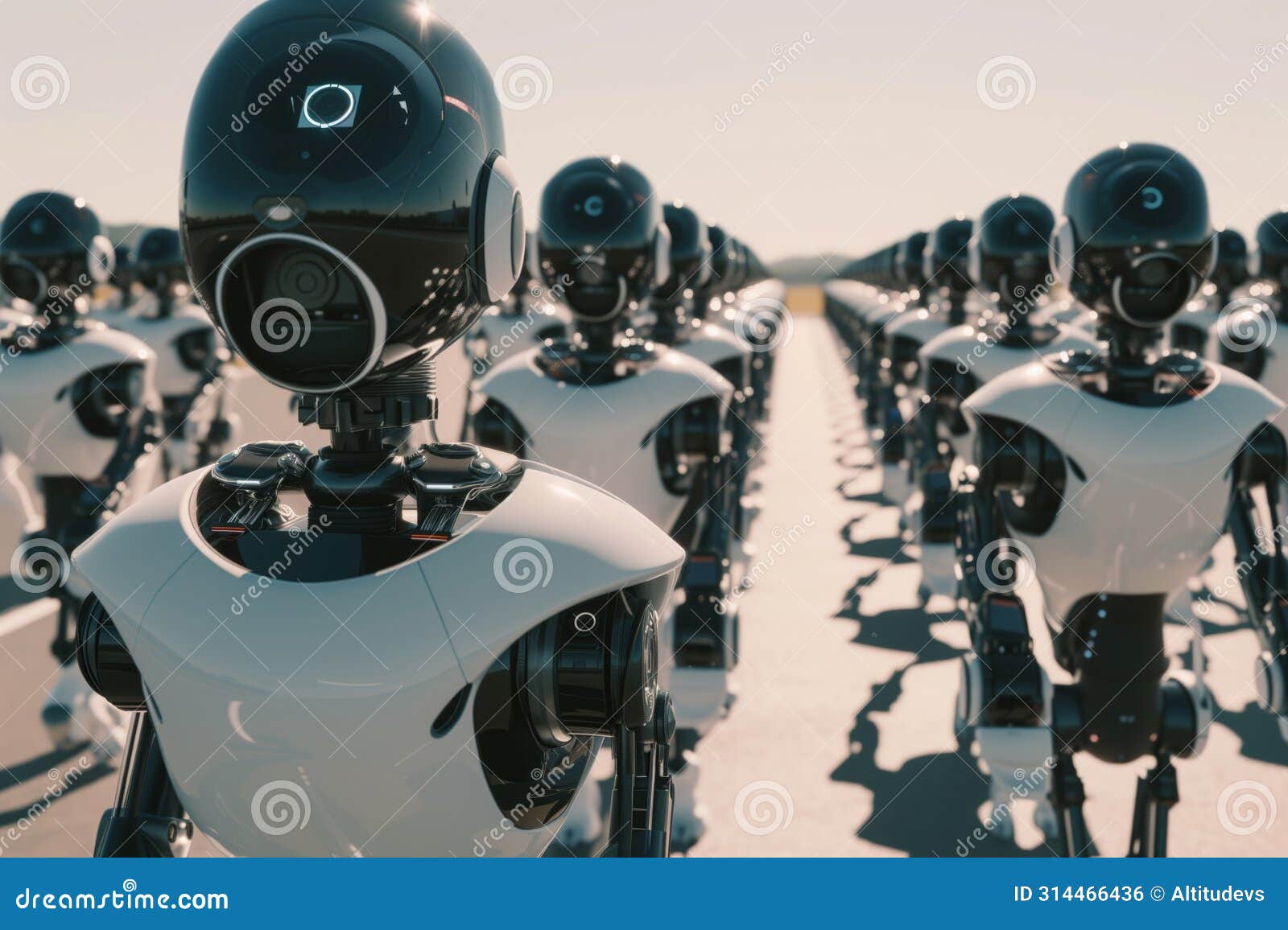 Streamlined Robots with Builtin Cameras Facing on a Tech Runway Stock ...