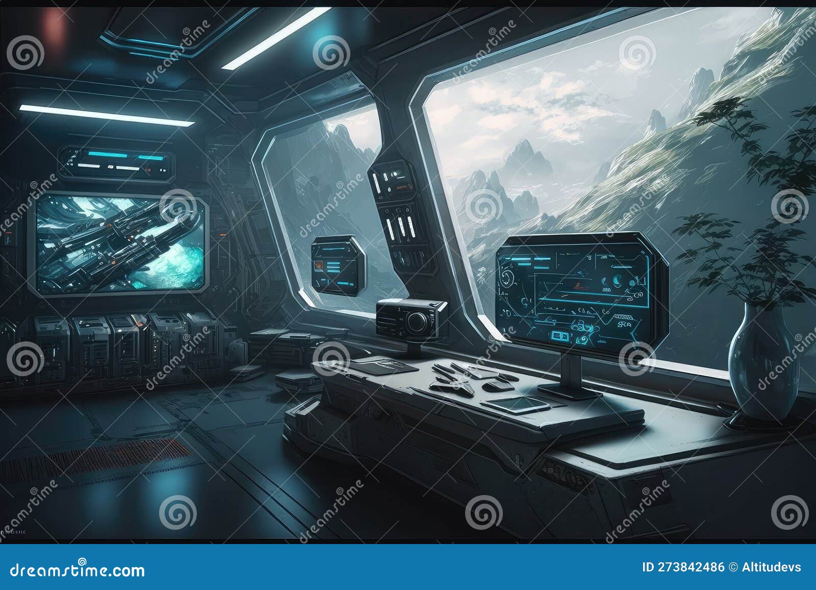 Streamlined and Sleek Sci-fi Interior, with Holographic Interface and ...
