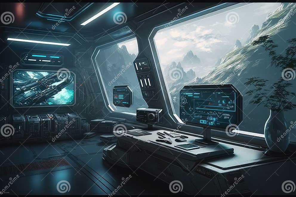 Streamlined and Sleek Sci-fi Interior, with Holographic Interface and ...
