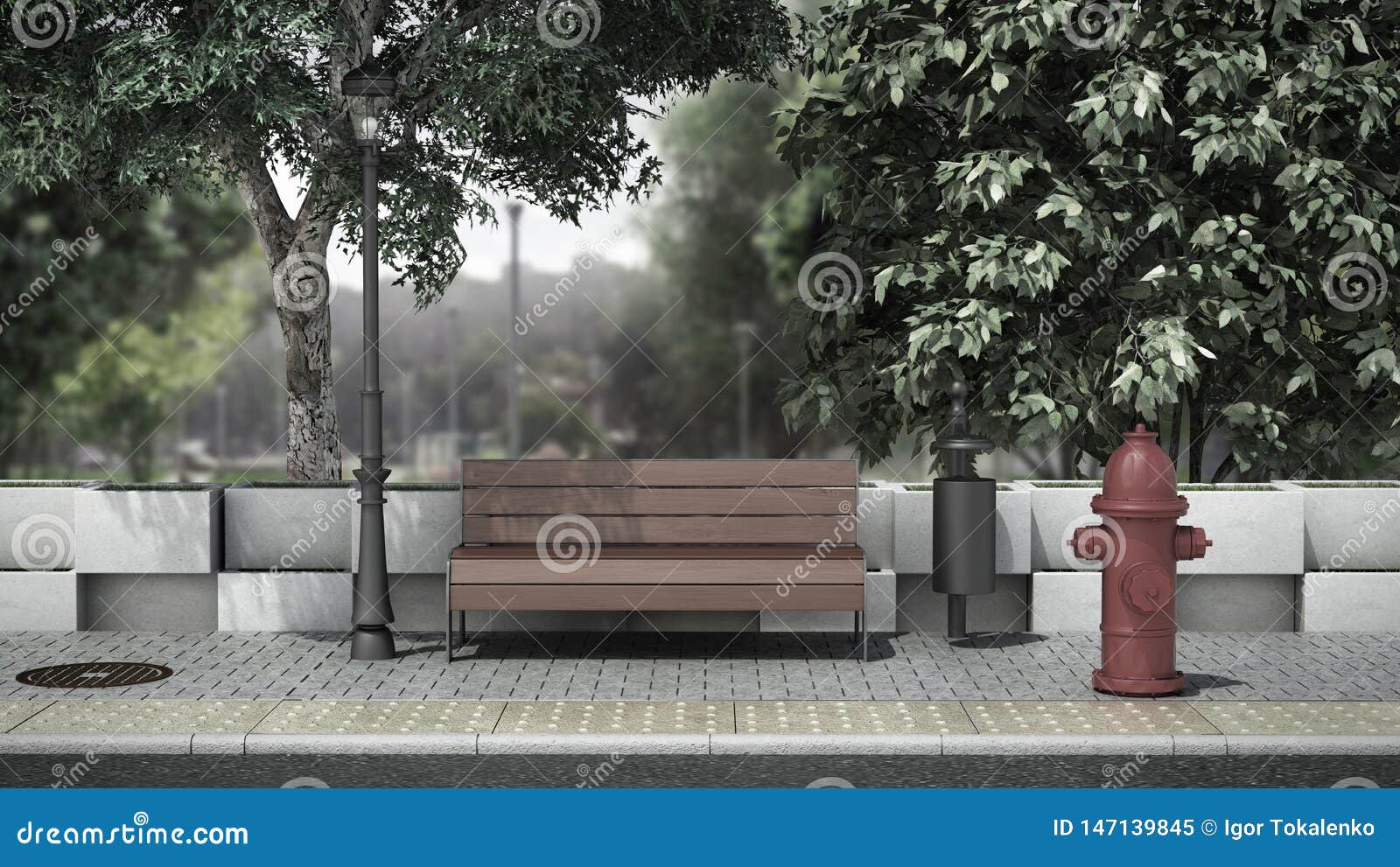 Street Background Bench on the Sidewalk 3d Render Image Stock ...