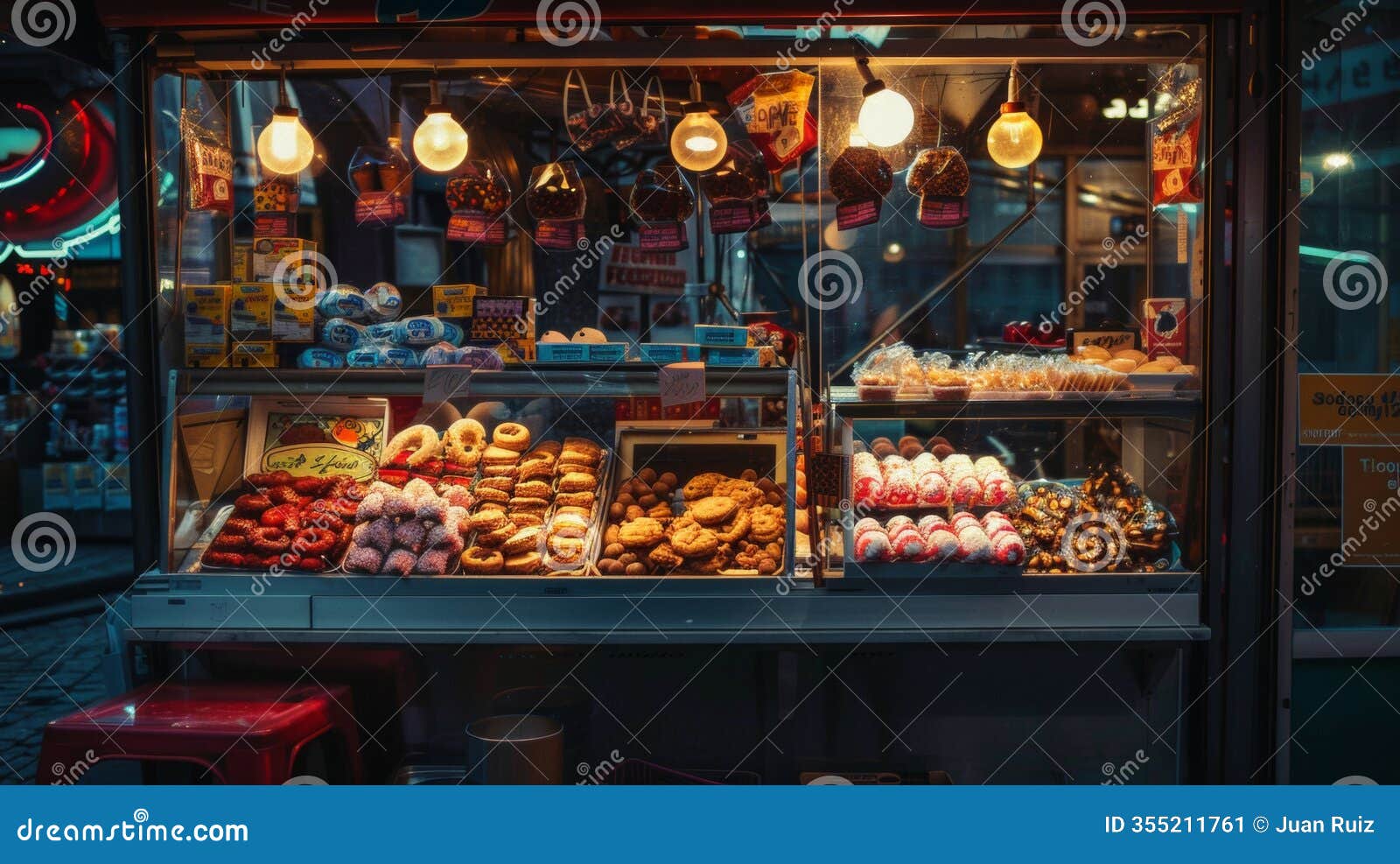 Street Bakery Stall at Night with Assorted Pastries Stock Image - Image ...