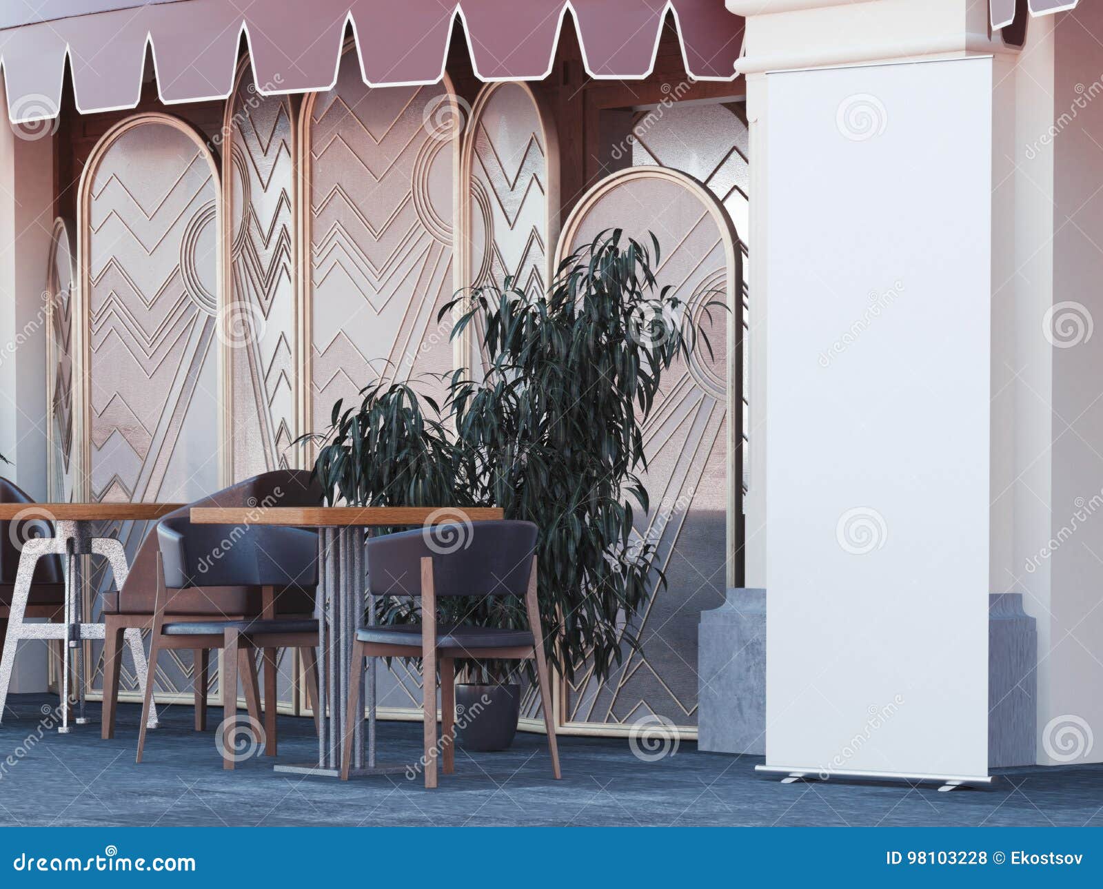 Street Cafe with Blank Rollup Banner. 3d Rendering Stock Illustration ...