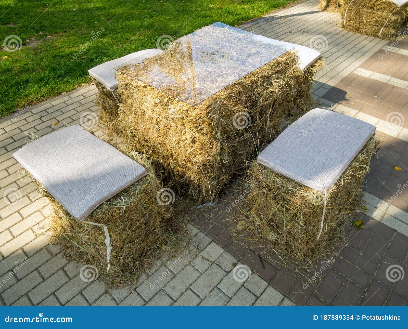 Street Cafe Table Made of Straw Bales Stock Photo - Image of table ...
