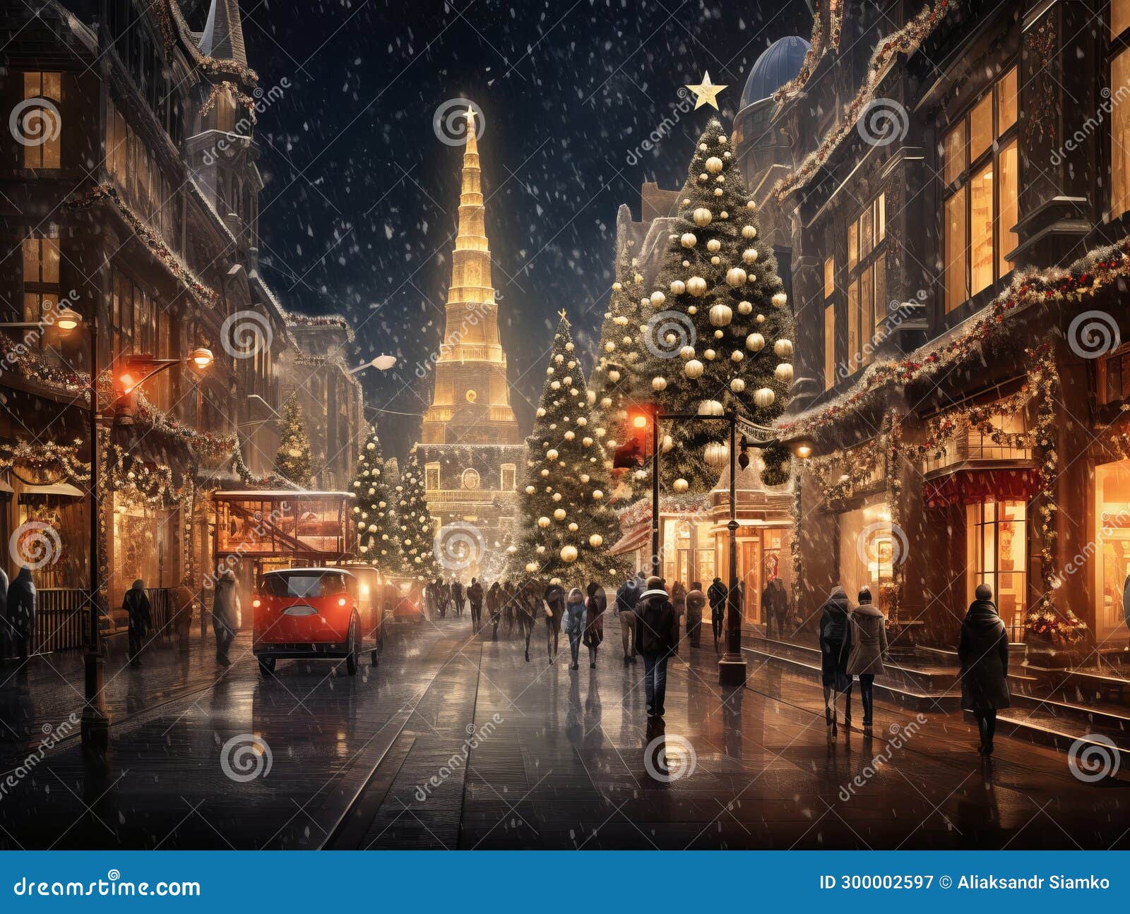 A Street with Christmas Trees and People Walking on it Stock Image ...