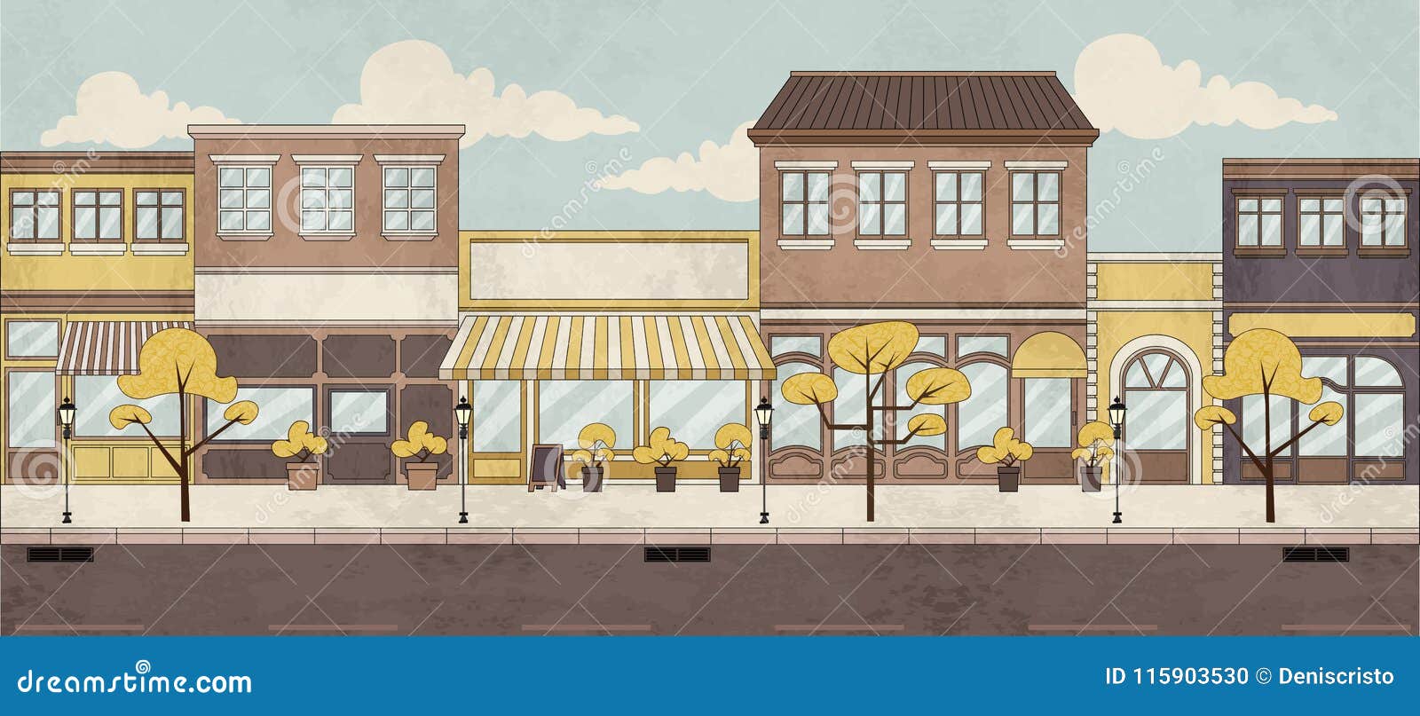 Colorful city with shops stock vector. Illustration of hotel - 115903530