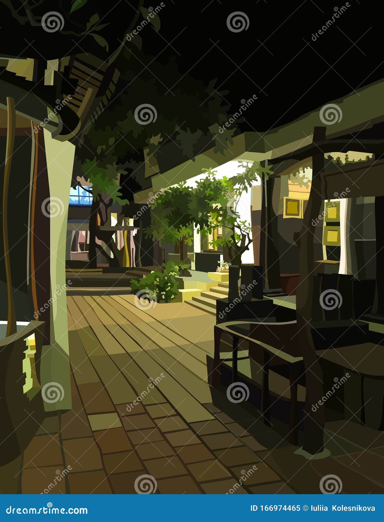 Street Courtyard with Cartoony Constructions in Night Illumination ...
