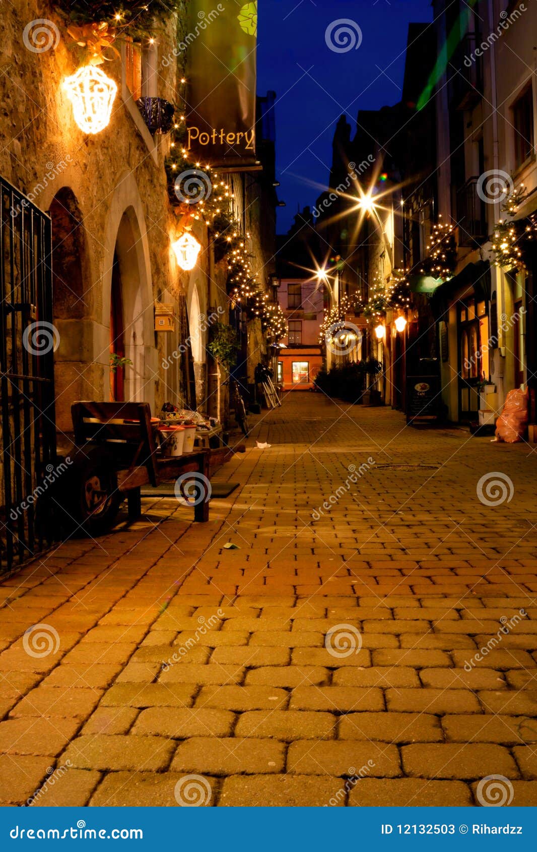 Street Decorated with Lights at Night Stock Image - Image of historic ...