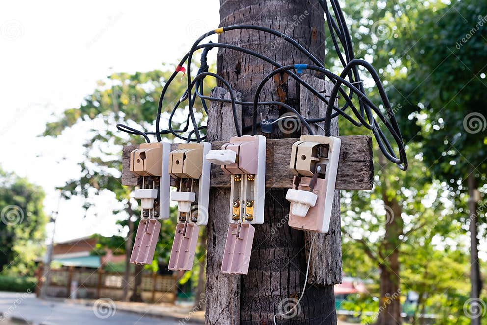 Street Electrical Switches on a Tree Stock Photo - Image of equipment ...