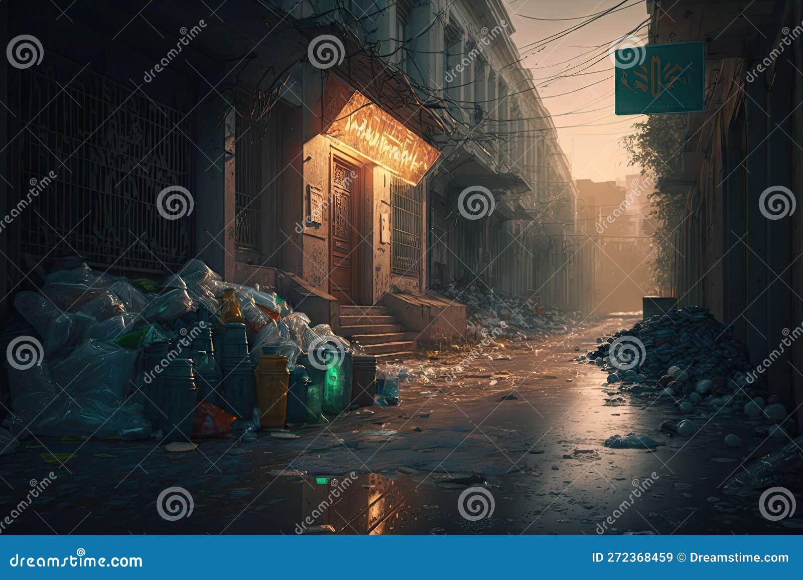 Street in the Evening Littered with Liquid and Solid Garbage ...