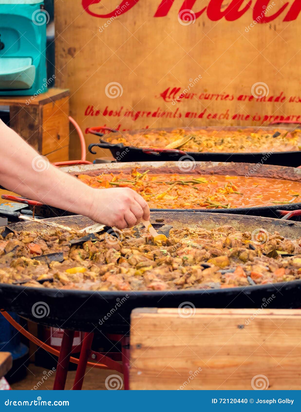 Street Food. Selection of Curry in Large Karahi Pans. Stock Photo ...