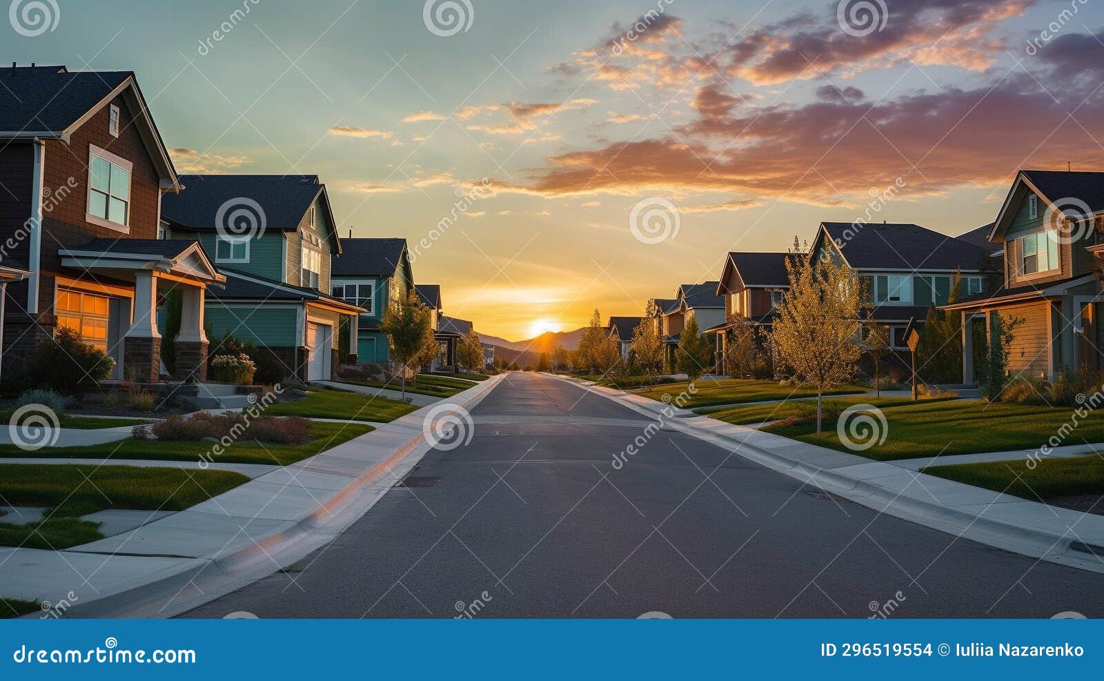 A Street of Identical Houses at Sunset. AI Generated Stock Photo ...