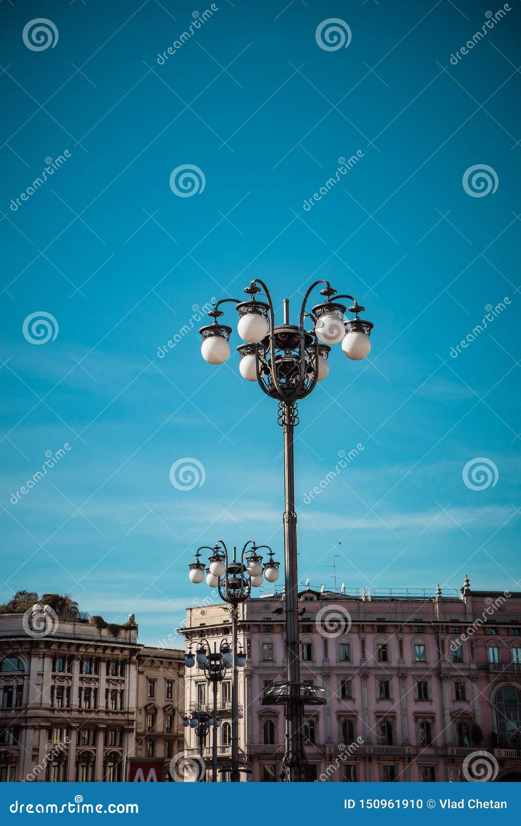 Street Lamp with Round White Light Bulbs in Milan Stock Photo - Image ...