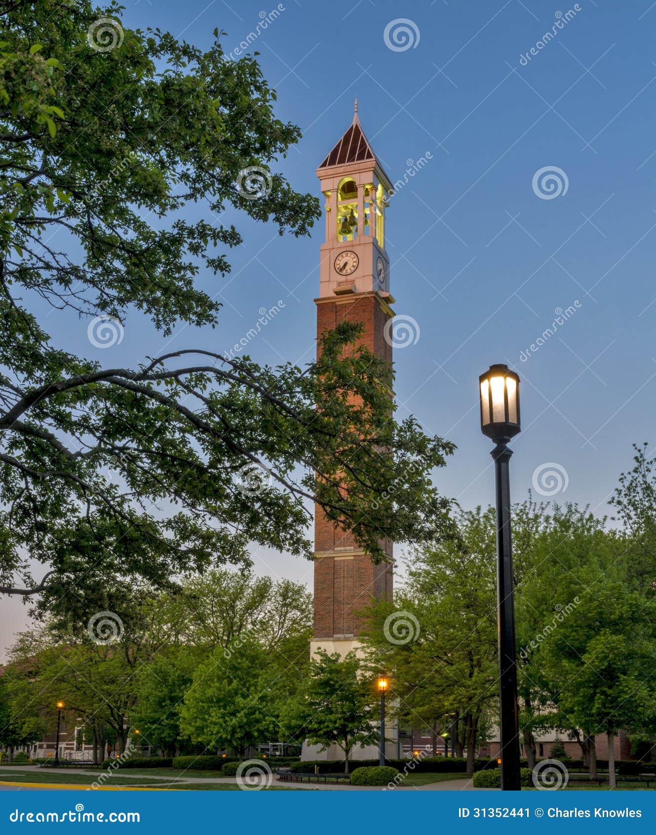 Street Lamp and Purdue Clock Tower Stock Image - Image of trees, clock ...