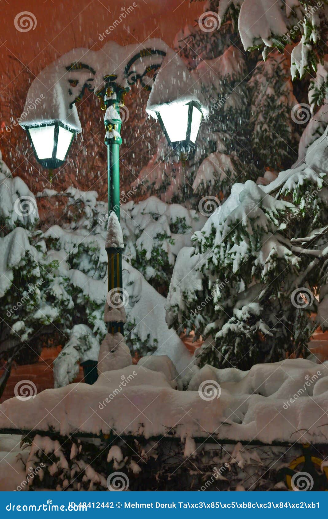 Street lamp and snow scene stock photo. Image of card - 49412442