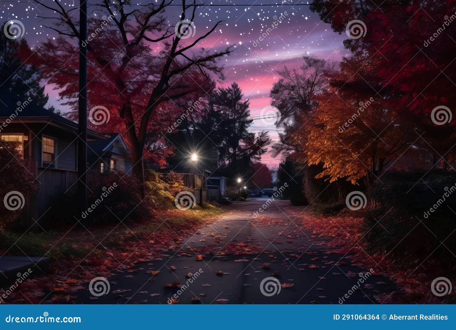 A Street with Leaves on the Ground and Stars in the Sky Stock ...