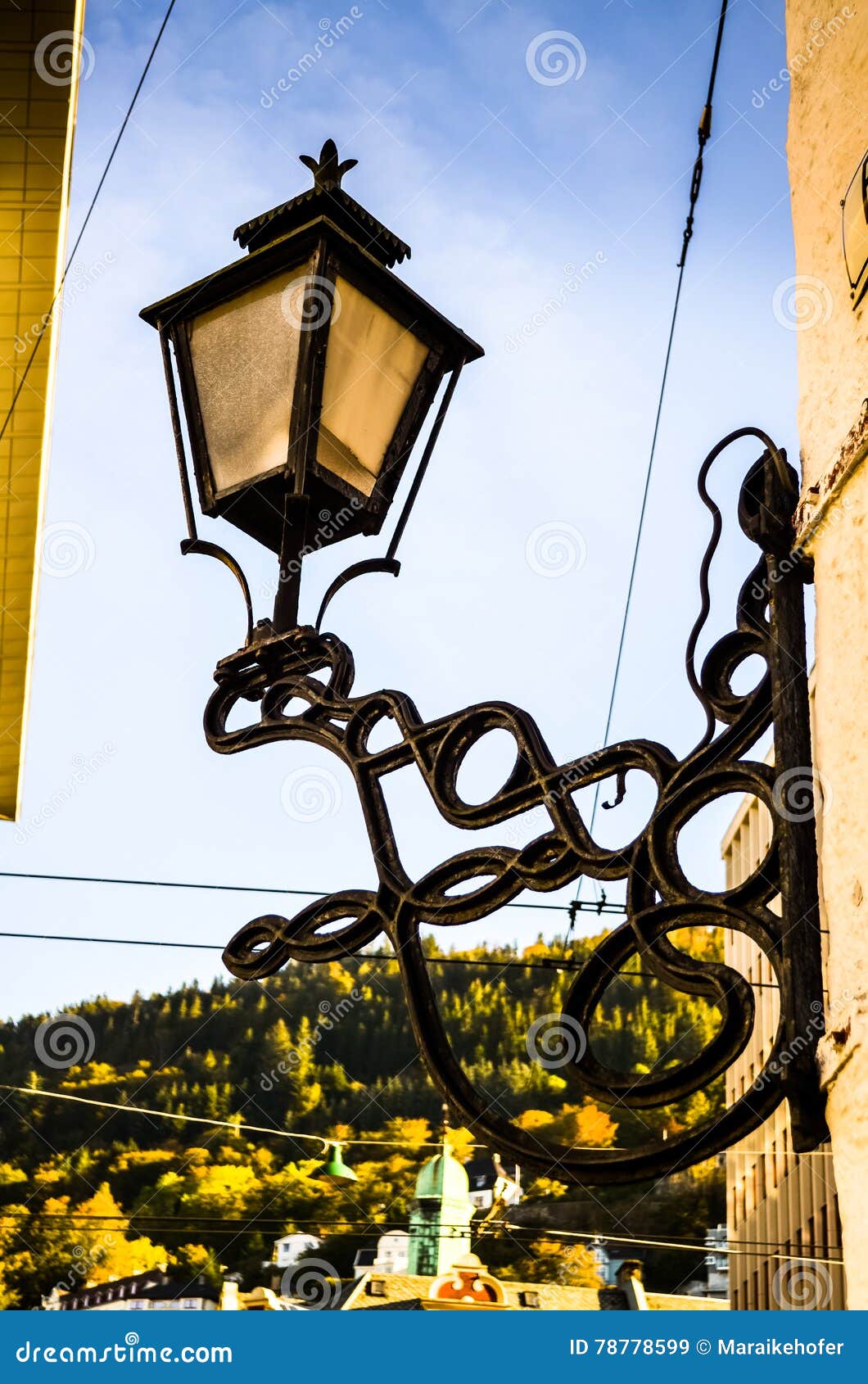 Street Light Hanging on Facades in Bergen Stock Image - Image of ...