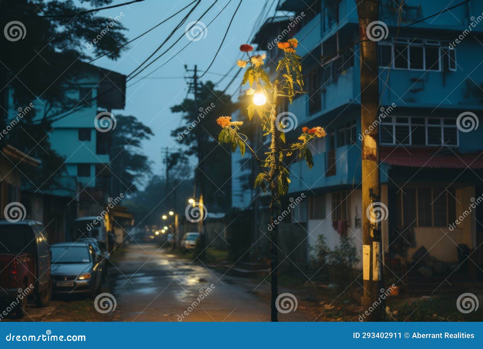 A Street with a Street Light and a Lamp Post on the Side of the Road ...