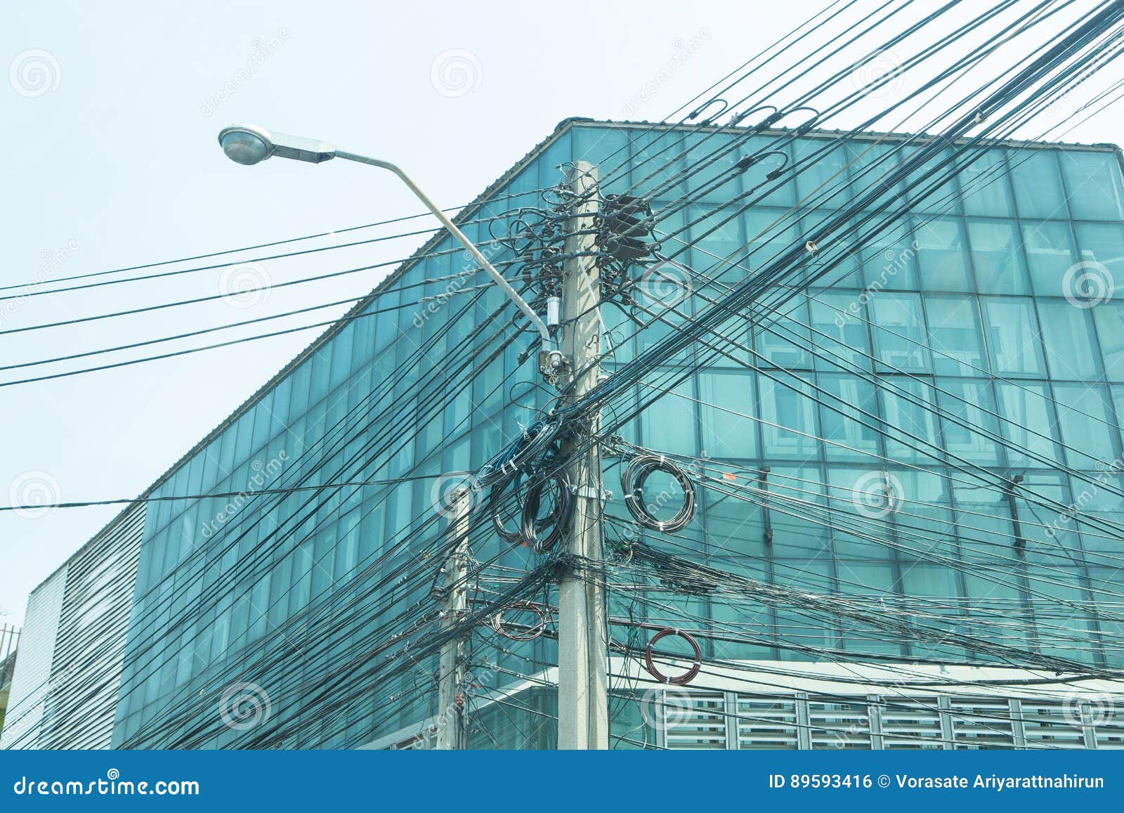 Street Light with Messy Electrical Wires Stock Photo - Image of messy ...
